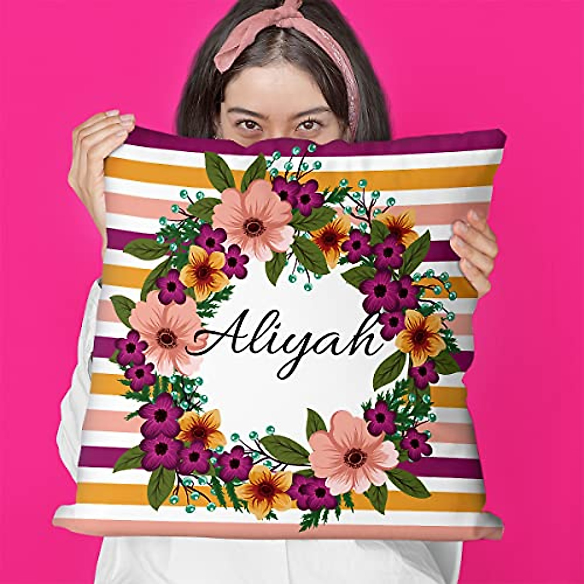IWKWUZILM Custom Gifts Personalized Floral Pillow |10 Designs| Flower Pillow with Name Custom Name Pillow Cover Gifts for Girls - Christmas Mother's Day Birthday Gift idea (Mix Color, 18inX18in)