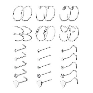 FINREZIO 27PCS 22G Surgical Steel Nose Rings Hoop Nose Studs for Women Men L Shaped Nose Rings Stud Cartilage Earrings Piercing Jewelry