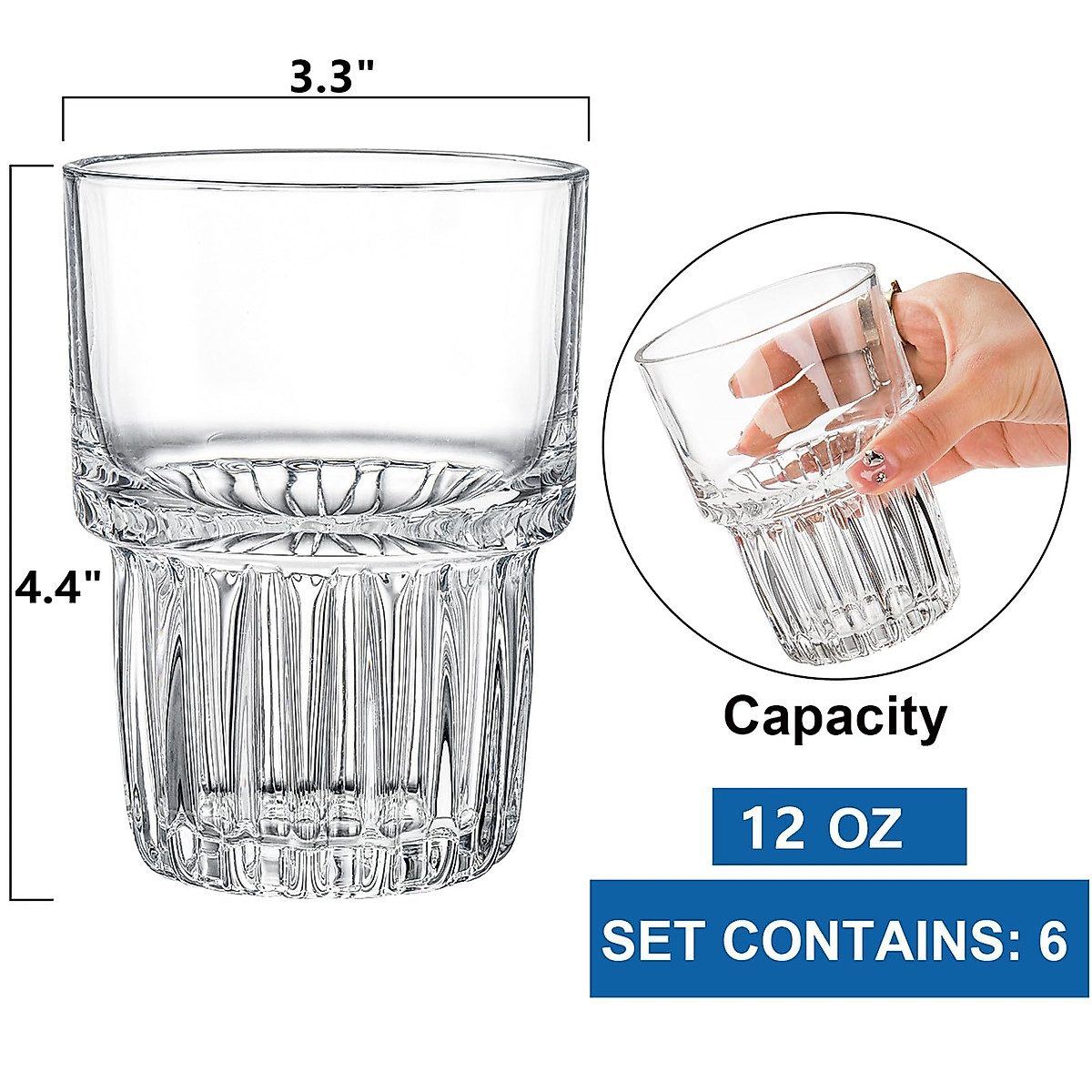 DEAYOU 6 Pack Drinking Glasses Set, 12 OZ Clear Striped Iced Tea Water Glass Cup, Stackable Rocks Glasses, Thick Tempered Glass Tumbler with Heavy Base for Juice, Milk, Cocktail, Spirits, Daily Use