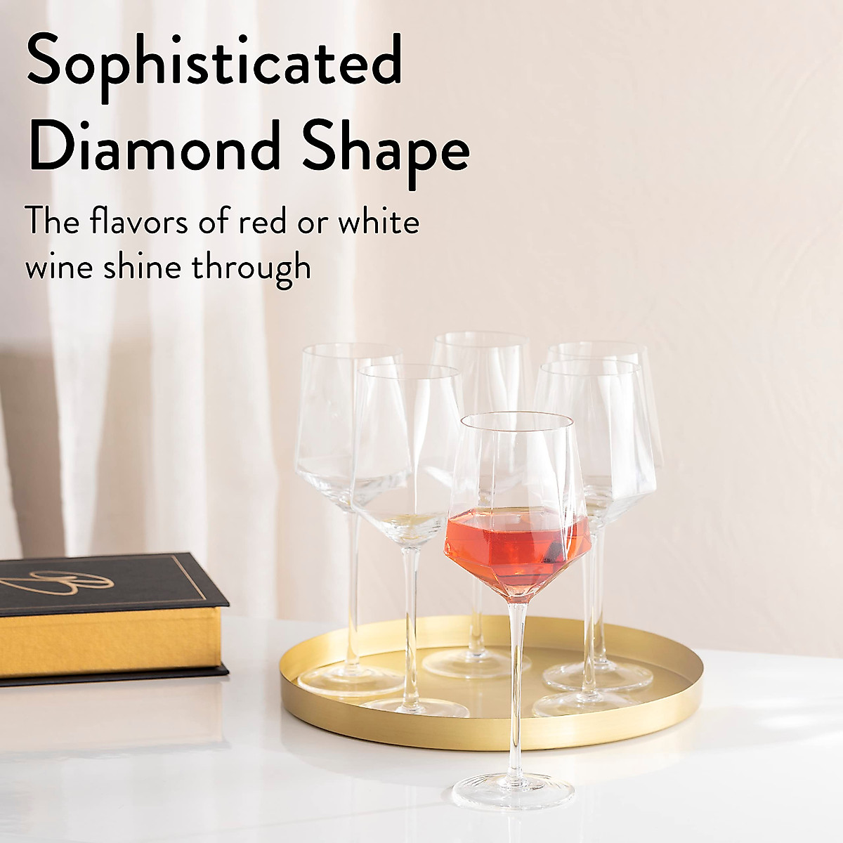 Frost Living Wine Glasses Set of 6 - Long Stem Crystal Hexagon Shaped Wine Glass Set - Large, Beveled, Diamond Shape Sides Lets Wines Breathe