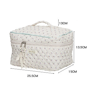 Dalulu Kawaii Floral Makeup Bag Coquette Aesthetic Cosmetic Bag Large Travel Make up Organizer Cute Pouch Cotton Quilted Toiletry Bag for Women Girls Kawaii Stuff (L-Beige Flowers)