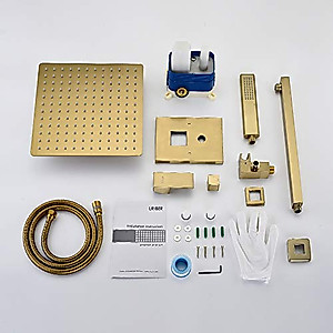 Iriber Champagne Bronze Rain Shower System with 12 Inch Shower Head and Handheld Bathroom Wall Mounted Brushed Golden Shower Set Contain Shower Faucet Mixer and Brush Gold Trim Kit (Valve Included)