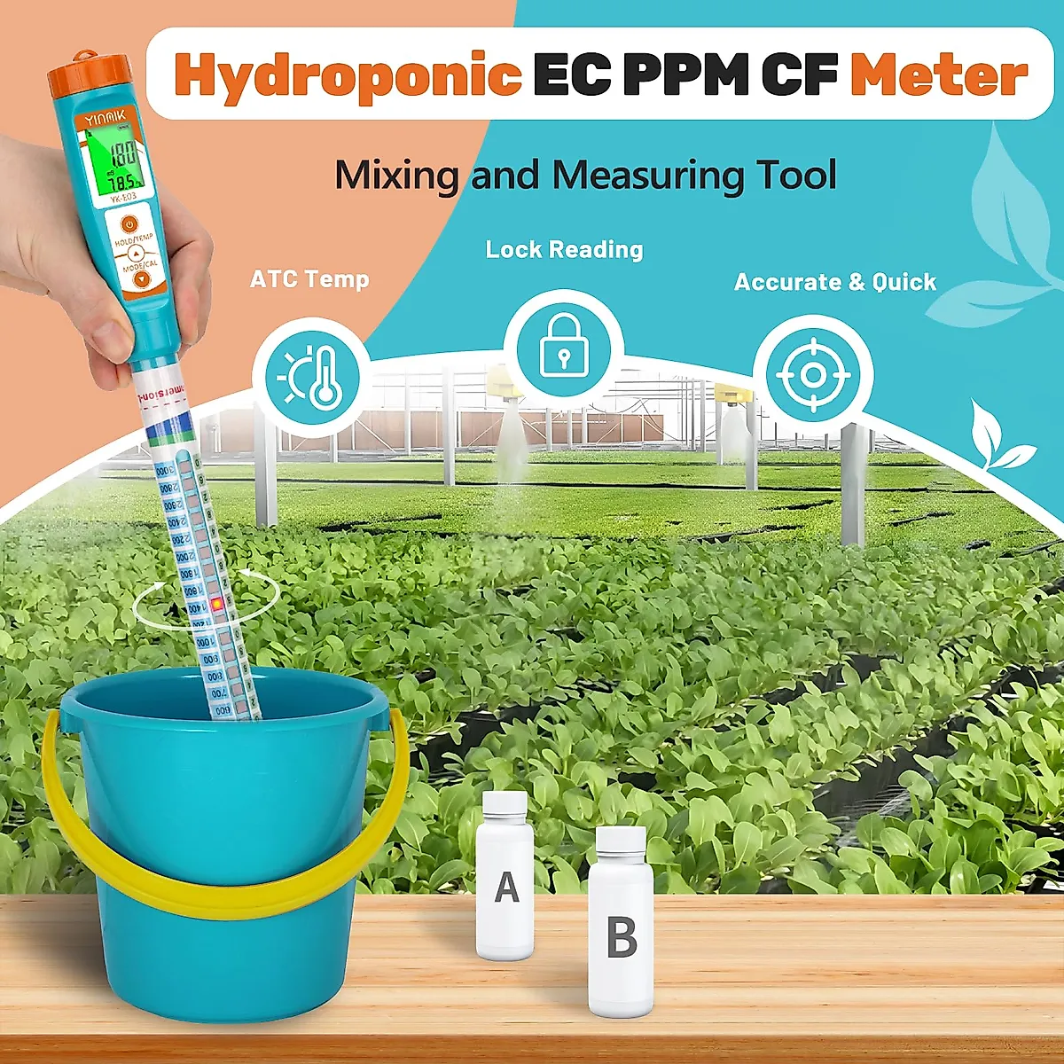 YINMIK Truncheon EC PPM Nutrient Meter for Hydroponic, Conductivity Tester Stick for Hydroponics Growing PPM Measuring Tool (EC, PPM 500, PPM 700, CF, Temp) for Nutrient Reservoir, Aquaponics, DWC