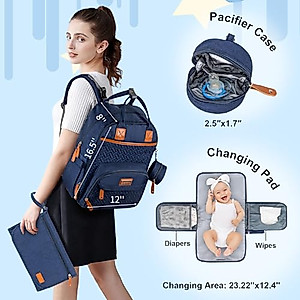 KABAQOO Baby Diaper Bag Backpack for Boys Girls, Multifunction Waterproof Travel Diaper Bag with Portable Changing Pad, Pacifier Case and Stroller Straps, Blue