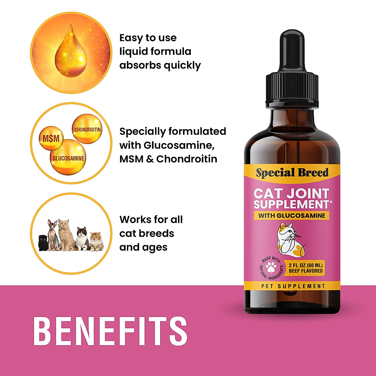 Special Breed Cat Joint Supplement, Liquid Glucosamine with Chondroitin for Cats, Feline Hip and Joint Pain Relief, 2 oz