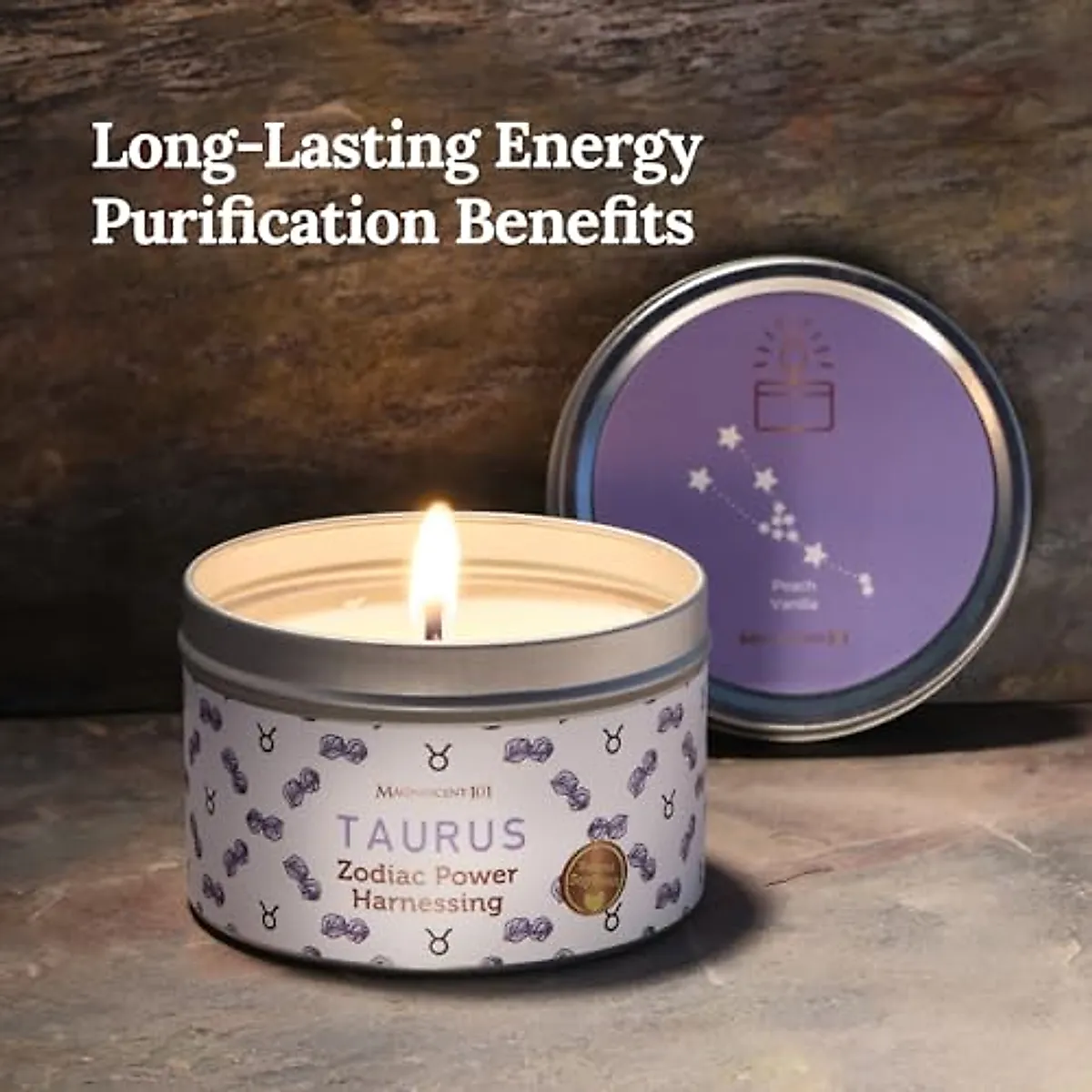 Magnificent 101 Long Lasting Taurus Zodiac Candle | 6 Oz - 35 Hour Burn | Peach Vanilla Scented Soy Wax Candle | Harness The Power of Astrological Signs to Find Your Strength