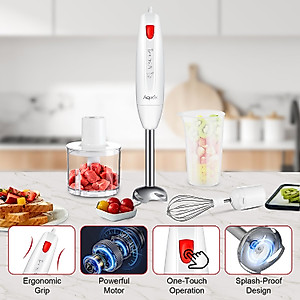 Immersion Blender Handheld Blender 4 in 1, 16000rpm Speed, 400W Turbo Motor & Ergonomic Grip Hand Blender Set, Splash-Proof Stainless Steel Blades, for Soup,Baby Food,Smoothies,Sauce,Aquox (White)