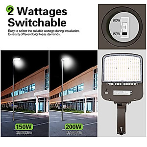 hykolity 150W/200W Switchable LED Parking Lot Light, 150LM/W LED Street Lighting with Dusk to Dawn Photocell [400W-600W HPS Equiv.] 5000K 100-277V, Commercial Adjustable Arm Mount LED Shoebox Light