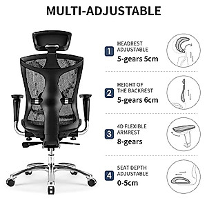 SIHOO Ergonomic Office Chair with 4D Arms, 2-Way Lumbar Support, Depth Adjustable Seat, PU Headrest, Height Adjustable Backrest, High Back Computer Desk Chair (Black)