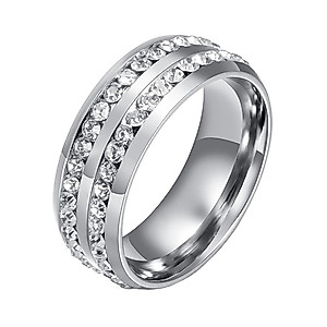 OAKKY Stainless Steel Double Rows Cubic Zirconia Wedding Ring for Men Women, Silver, Size 8