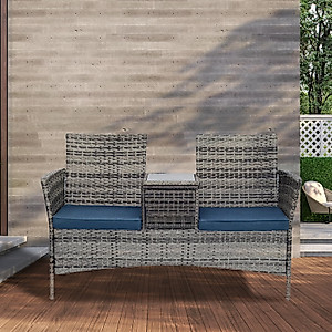 Pieryakers Outdoor Loveseat Rattan Wicker Two Seater,Patio Conversation Sets Built-in Coffee Table and Cushion for Balconies, Lawns, Backyard Outside Sofa Benches (Grey-Blue)