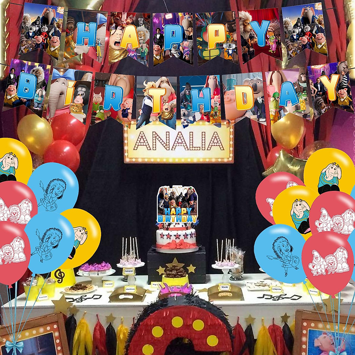 32 Pcs ???? Movie Birthday Party Decorations,Party Supply Set for Kids with Banner - Cake Topper - 12 Cupcake Toppers - 18 Balloons for Cartoon Movie Party Decorations