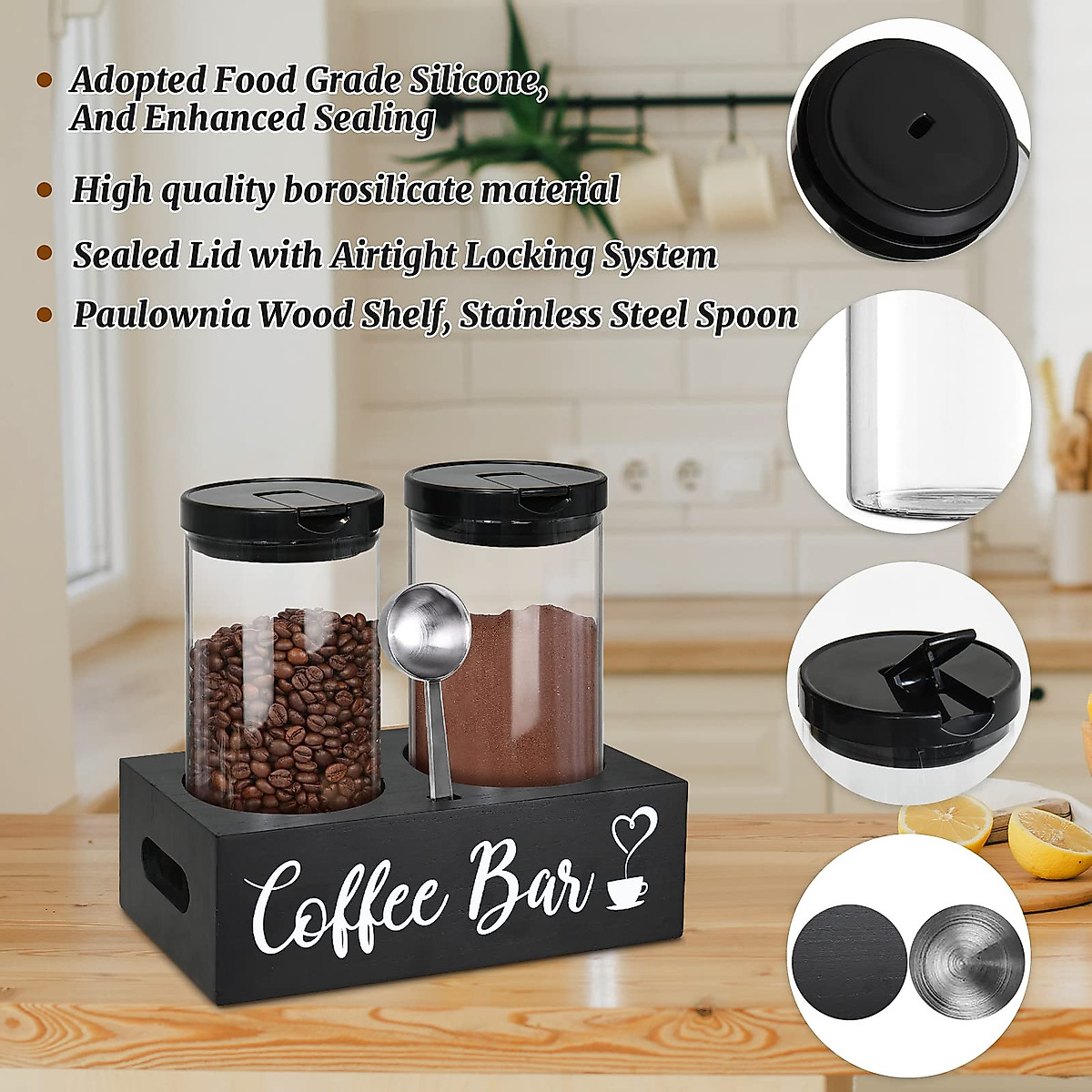 Glass Coffee Containers with Shelf,Coffee Station Organizer,Coffee Canister with Scoop,2x48oz Coffee Bean Storage with Airtight Locking Clamp,Coffee Container for Ground Coffee(Black)