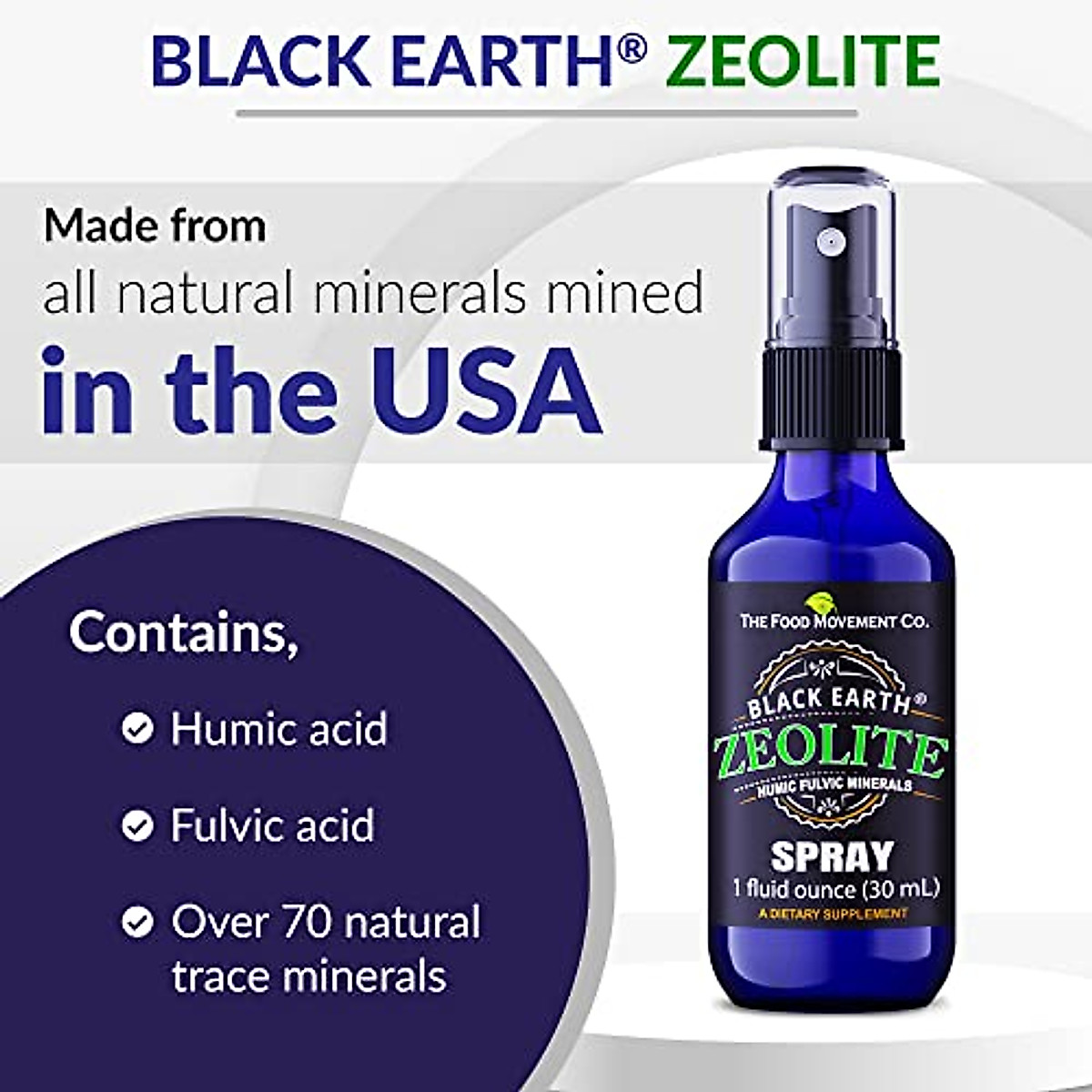 The Food Movement Black Earth Zeolite with Humic and Fulvic Acids and Trace Minerals for Detox, Digestion, Immunity, and More - Pump Spray Bottle
