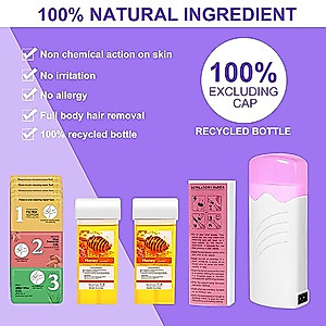 Roll on wax,Waxing Roller Kit,Cera para depil,Wax Roller Kit for Hair Removal, Include 2 Honey Soft Wax Cartridge & 100 Non-Woven Wax Strips, Portable Purple Wax Heater Machine for Women & Men