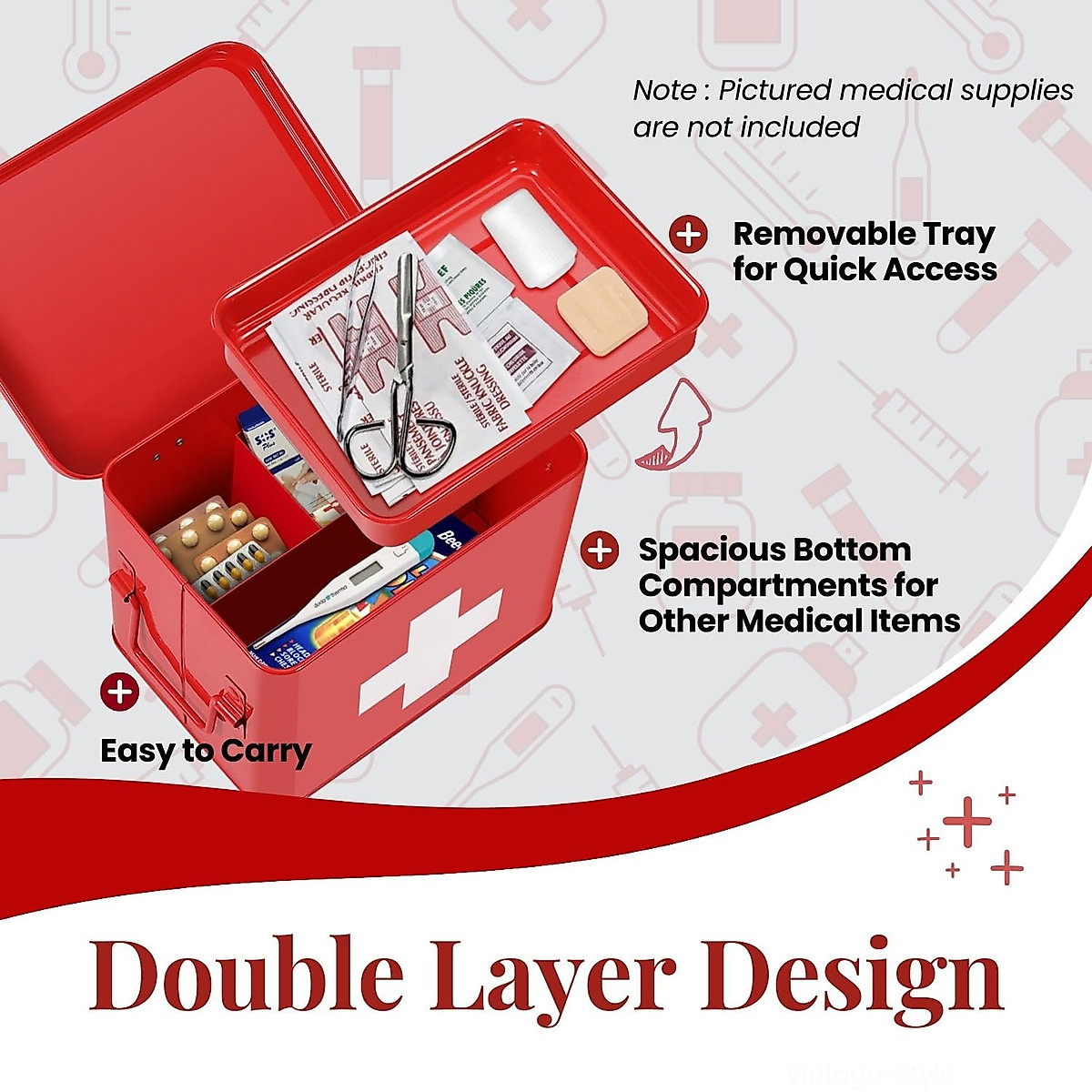 Flexzion First Aid Box Organizer, Empty 8.5 Inch Red Vintage First Aid Kit Tin Metal Medical Box First Aid Storage Box Container Bins with Dividers, Removable Tray and Cross Logo