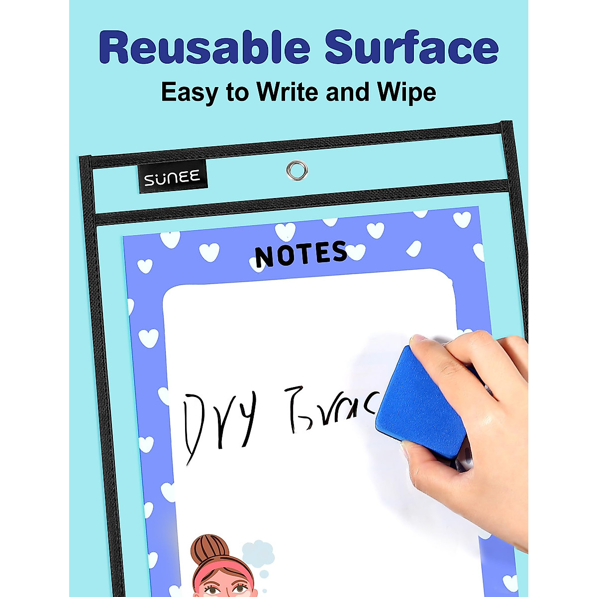 SUNEE 30 Packs Oversized Reusable Dry Erase Pocket Sleeves with 2 Rings, Black 10x14 Ticket Holders, Clear Plastic Sheet Protectors, Teacher School Classroom Supplies