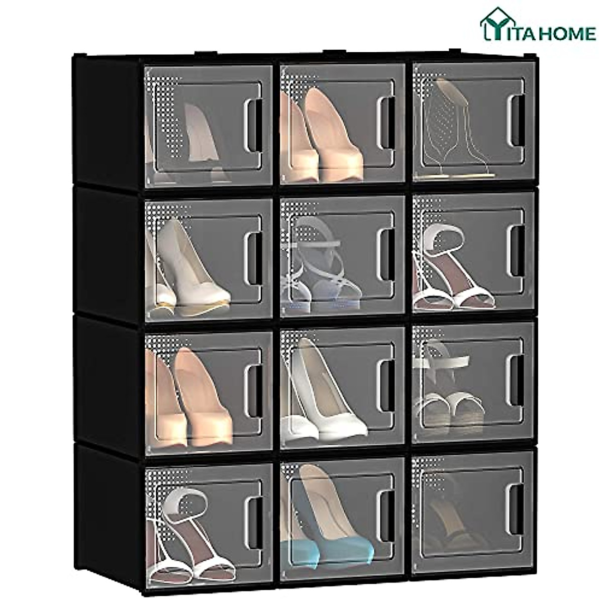 YITAHOME Shoe Storage Box, Set of 6 Shoe Storage Organizers Stackable Shoe Storage Box Rack Clear Drawer-Black