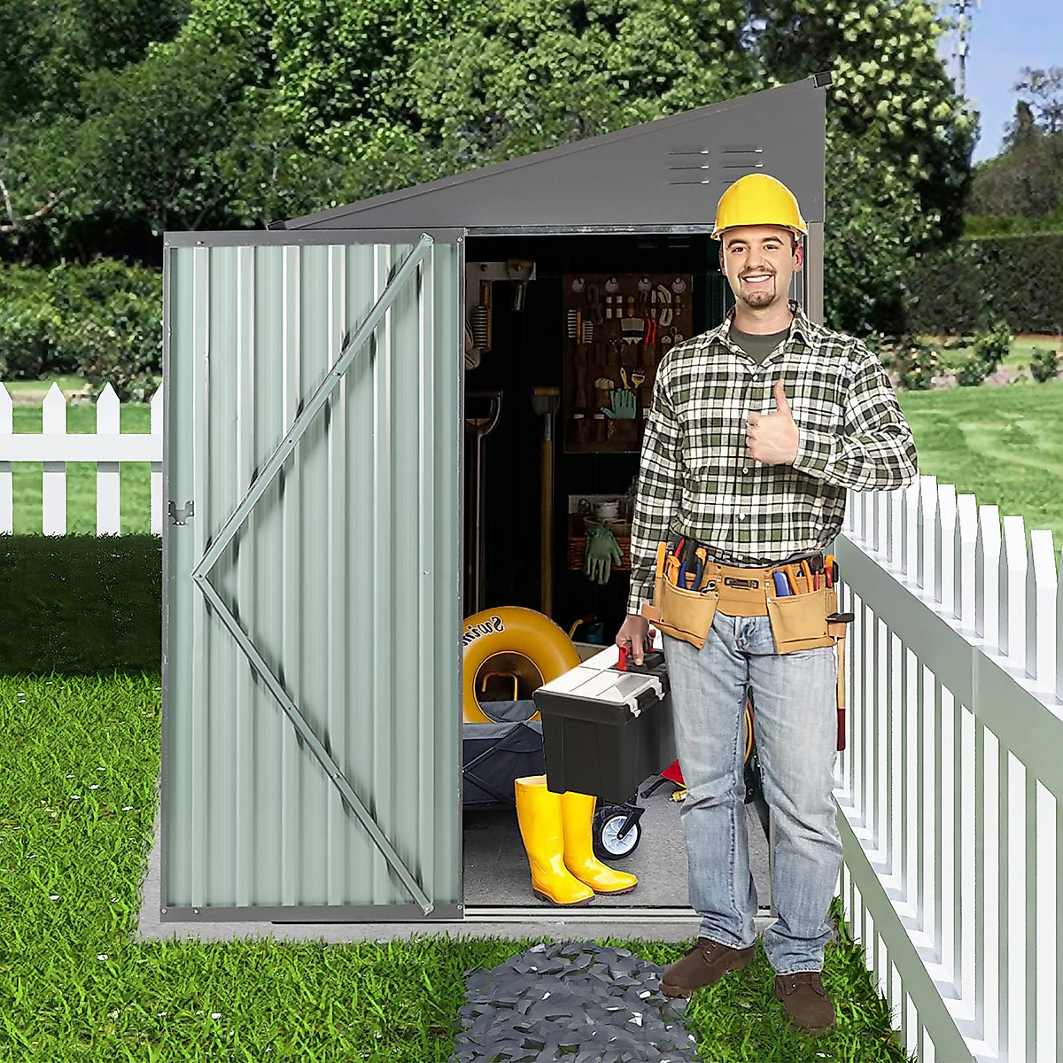 GRAVFORCE Metal Outdoor Storage Shed 4 x 8 FT, Steel Garden Shed with Lockable Door, Metal Sheds for Bike, Garbage Can, Tool, Lawnmower, Outside Sheds & Outdoor Storage for Backyard Patio