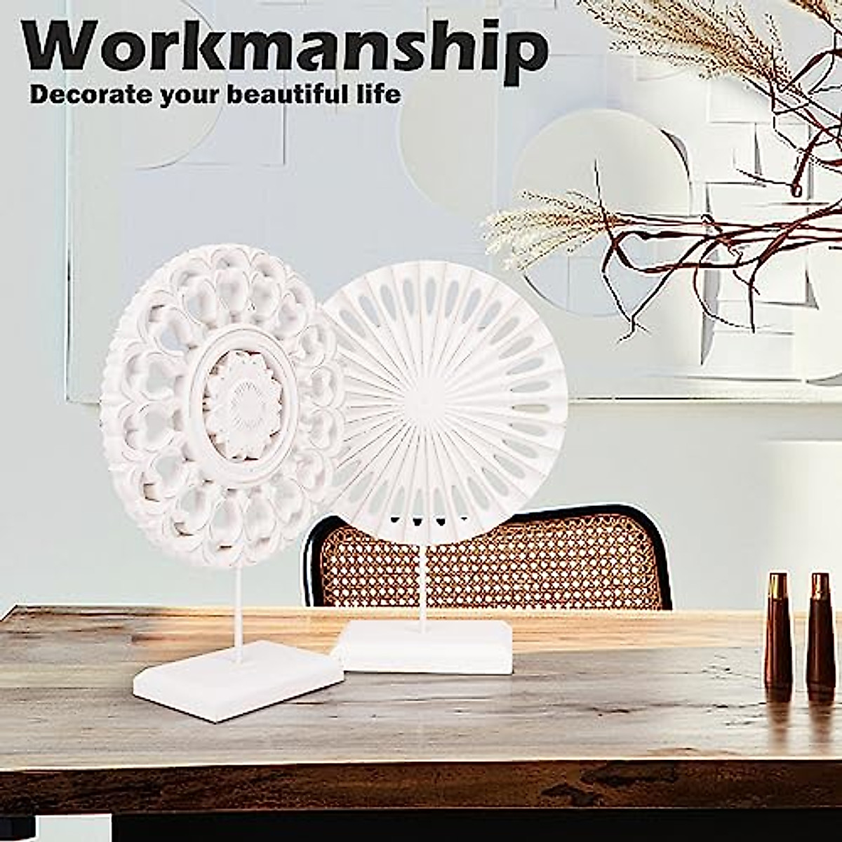 AXEARTE Wooden Carved Cutout Sector Medallion Sculpture 2 Pack, Rustic Distressed White MDF Statues Home Tabletop Decor, Decorative Ornaments for Living Room, Bedroom, Office Desktop, Cabinets