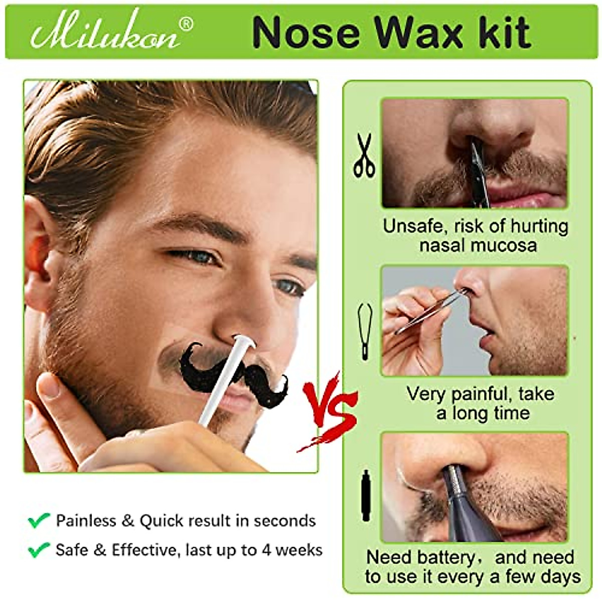 Nose Wax Kit ,Nose Hair Removal Kit with Wax beads 20 Safe Tip Applicator,10 Containers and 10 Moustache Stencils , Nose Waxing Kit for Men and Women Easy, Quick and Painless Nose Hair Wax