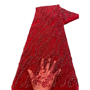 Tngan Embroidered Sequin African Lace Heavy Craft Beading Glitter Floral French Tulle Net Fabric for Trailing Dress, 5 Yards, Black