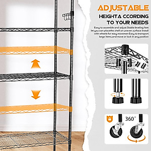 YNN Wire Shelving,1750Lbs Capacity 5 Tier Heavy Duty NSF Wire Shelf with Rolling Wheels Black Metal Storage Shelves Adjustable Wire Rack Unit 36" W x 14" D x 72" H for Kitchen Bathroom Garage Closet