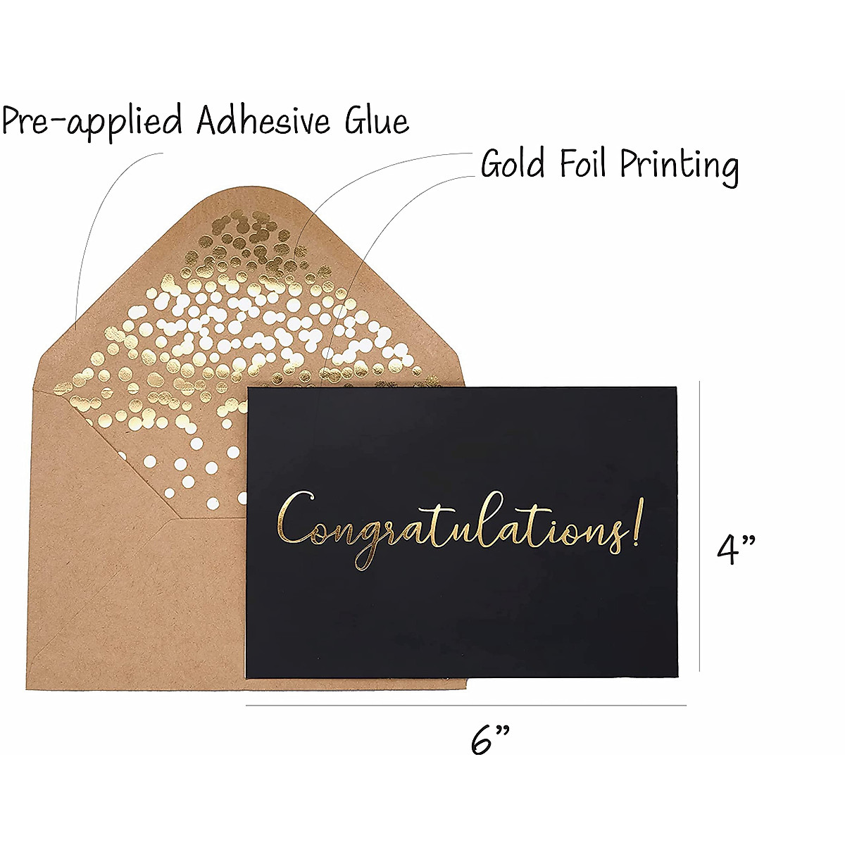 50 Pack Congratulations Card – Elegant Greeting Cards With ‘’Congratulations’’ Embossed In Gold Foil Letters – For Engagement, Graduation, Wedding - 52 Kraft Envelopes Included - 4" x 6" (Black)