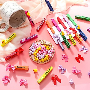 Dingion 60 Set Cheer Pins Spirit Clips Include 60 Wooden Cheer Clothes Pins 30 Mini Resin Ducks 30 Mini Bows and Self Adhesive Stickers Pen Glue Ribbon for Cheerleading Backpacks Cheer Gifts(Colorful)