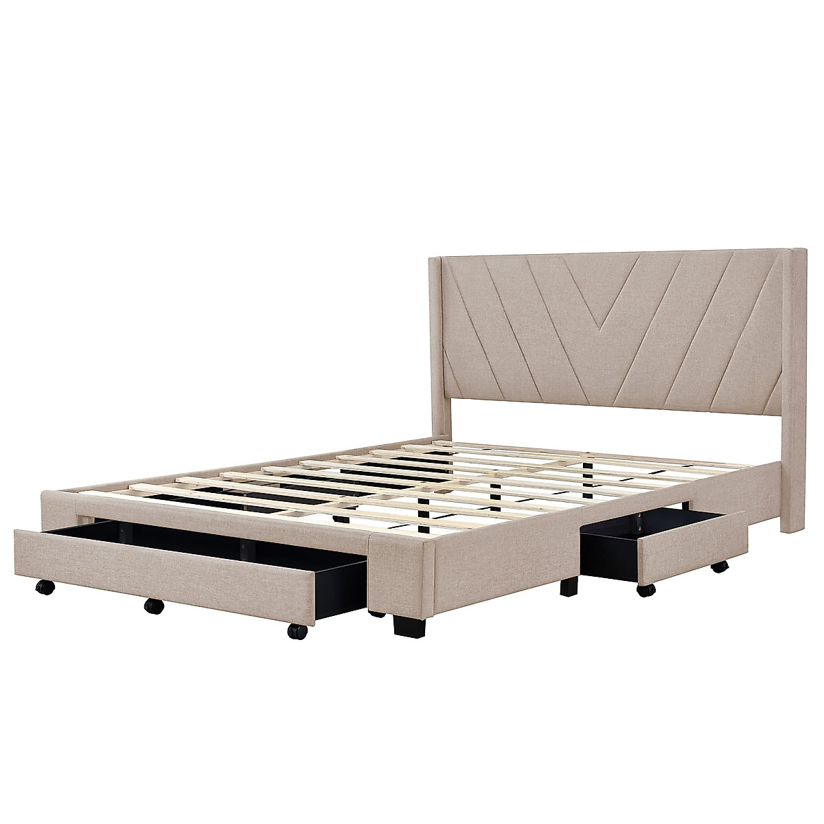 HABUHOME Queen Bed Frame with Storage Upholstered Platform Bed Frame with 3 Drawers and Headboard Modern Linen Queen Size Beds with Wooden Slats Support, No Box Spring Box Needed, Beige