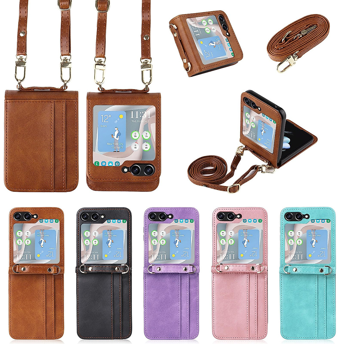 MistWorld for Samsung Galaxy Z Flip 5 Wallet Case with Shoulder Strap, Leather Case Hinge Protection, for Samsung z flip5 Card Case Women's Case with Lanyard Security Loss and Shock Phone case