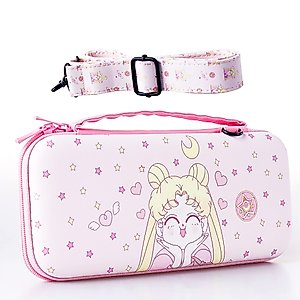 RHOTALL Case Compatible with Nintendo Switch & Switch OLED Carrying Case 2 in 1 Shoulder & Hand Strap, Protective Hard Portable Travel Carry Case Shell Pouch for Switch Accessories (Moon Pink)