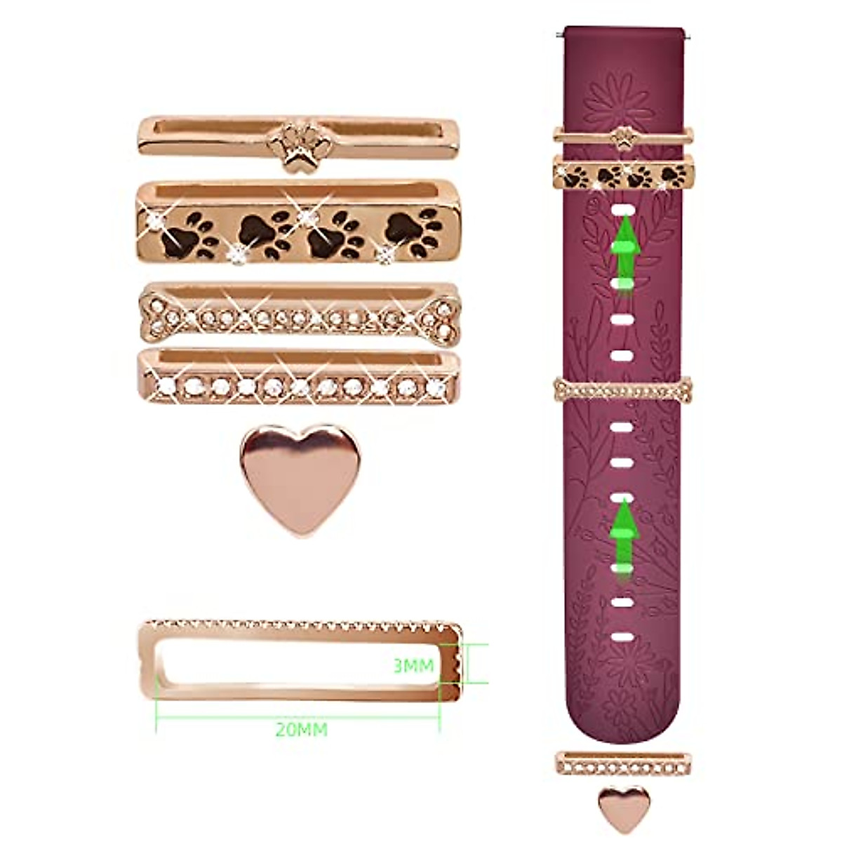 ORATYFAN Bands for Samsung Galaxy Watch 4/5/6 Band with Charms, 20mm Women Floral Engraved Silicone Strap with Decorative Rings for Watch 6/Watch 5 Pro/Watch 4 Classic 46mm 42mm/Watch 3 41mm/Active 2