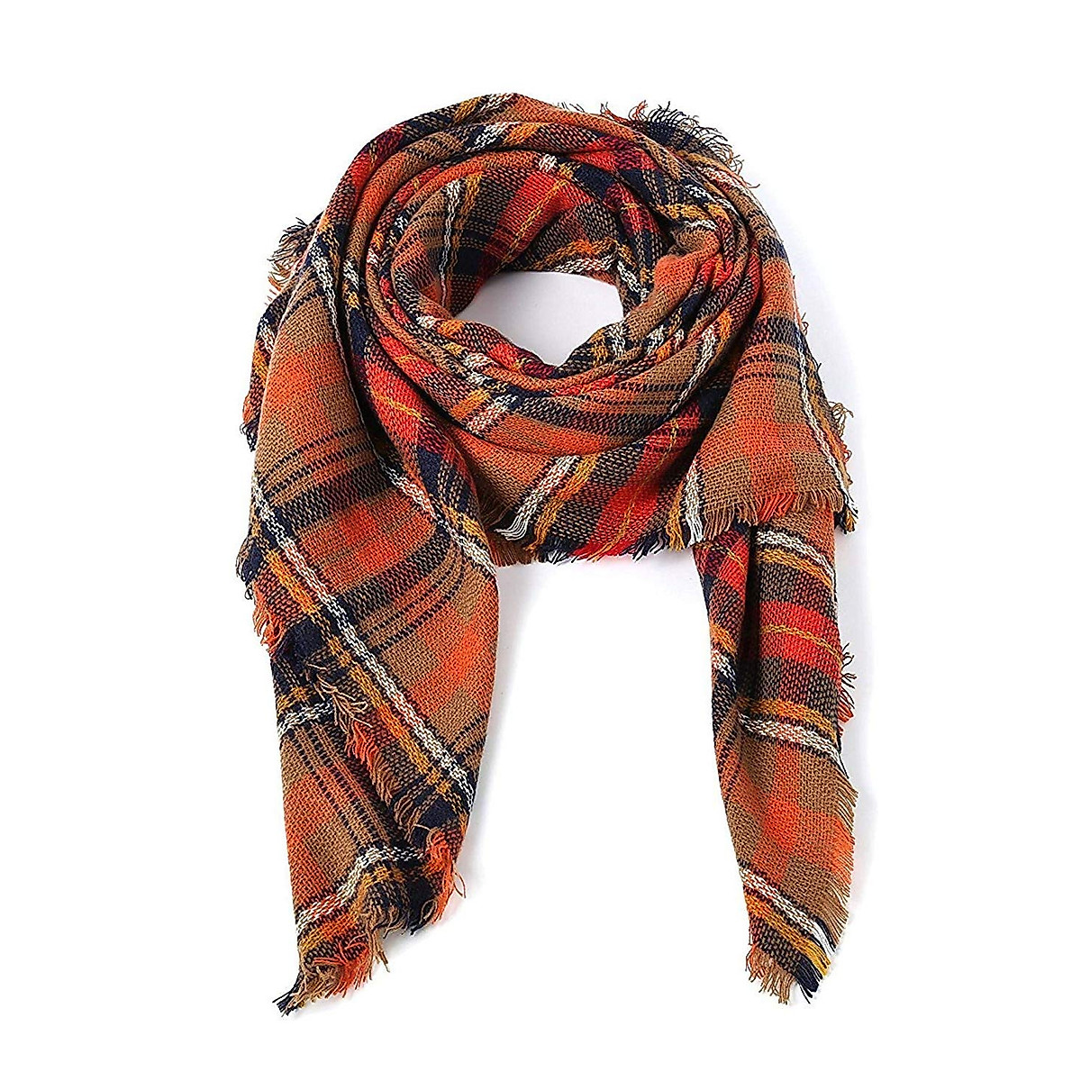 Trendy Women's Cozy Warm Winter Fall Blanket Scarf Stylish Soft Chunky Checked Giant Scarves Shawl Cape Orange