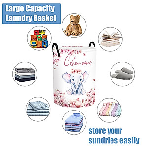 Rucekia Custom Name Laundry Hamper Kids with Elephant Print, Personalized Laundry Basket for Nursery Girl, Customize Baby Name Laundry Baskets for Boys Girls Adults 2 Sizes