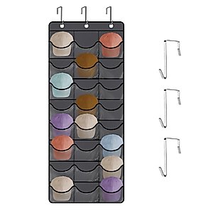 InterMaka Hat Rack for Door - 24 Clear Deep Pocket Cap Racks for Baseball Caps, Premium Hat Storage with 3 Sturdy Hooks, Versatile Hat Holder & Ball Hat Organizer for Optimal Display Grey