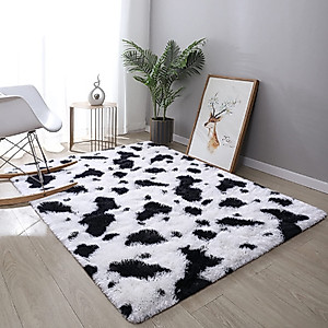 DweIke Super Soft Shaggy Rugs Fluffy Carpets, 3x5 Feet, Cow Print Rug for Living Room Bedroom, Fluffy ​Rug for Girls Kids Room, Shag Plush Rug for Teen Room Decor, Black-White