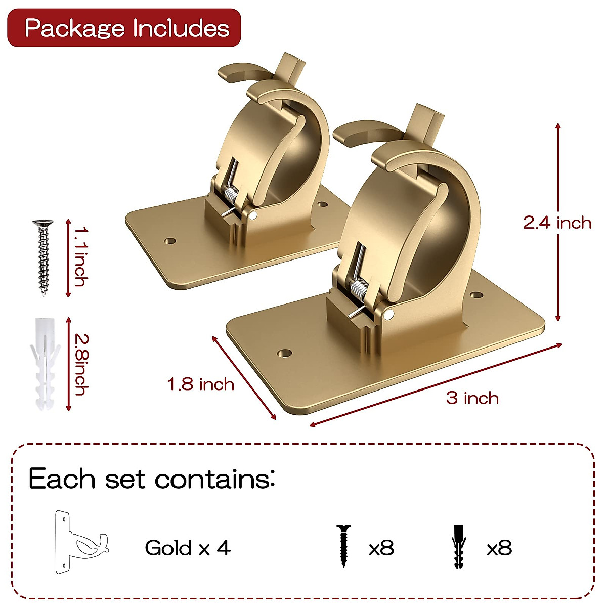 CIEMGNZOC 4PCS No Drill Curtain Rod Brackets, Gold Plastic, Self-Adhesive & Screw Mount, Holds Up To 20 Pounds, Suitable For Rods Up To 1.57 Inch Diameter