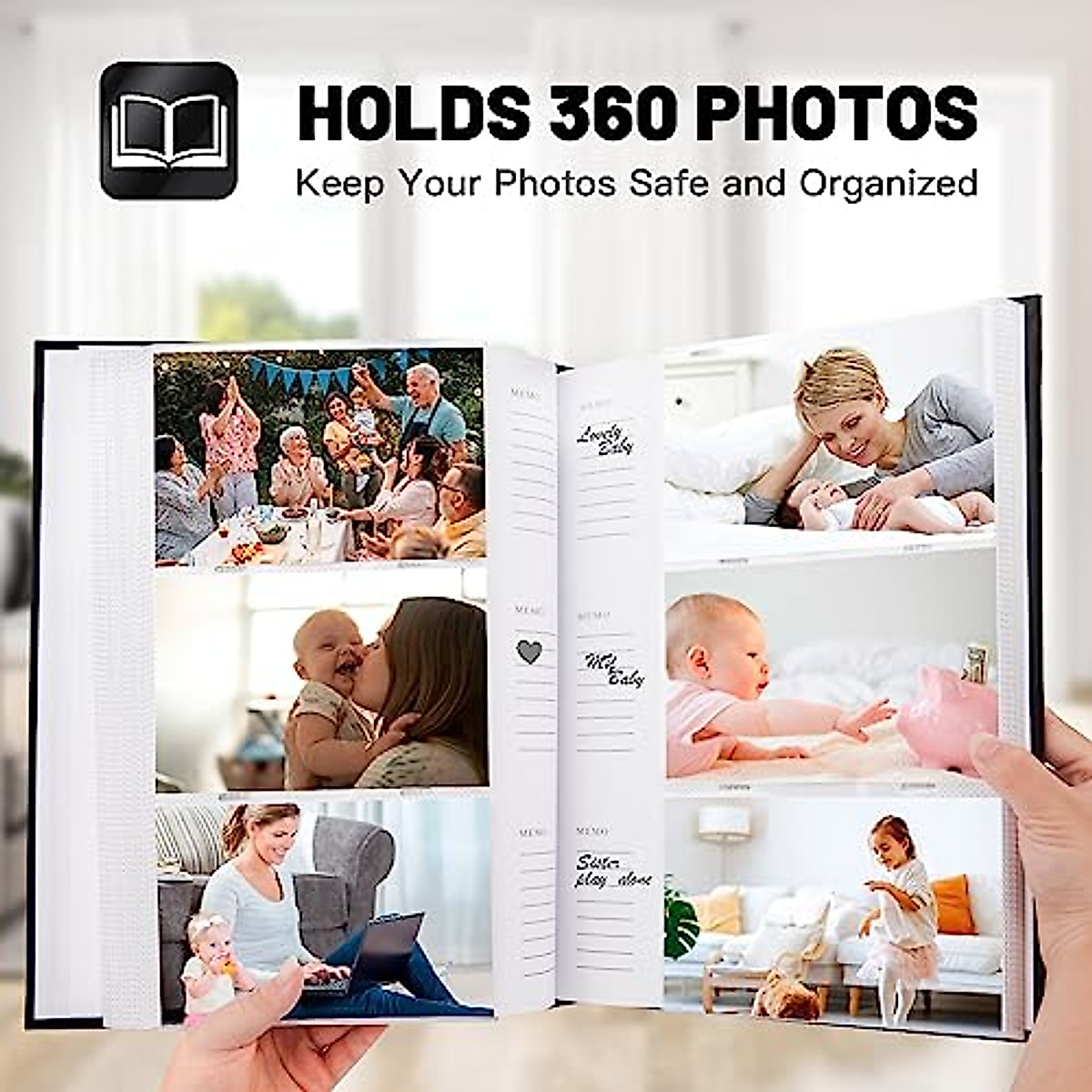 Photo Album 4x6 360 Photos with Memo, 4x6 Photo Album Leather Frame Cover, Acid Free Wedding Photo Album 4x6 with Writing Space for Wedding Kids Family Holiday Baby Engagement, Baby Photo Album, Black