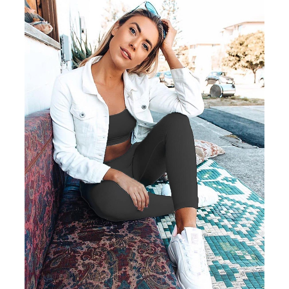 Beaufident Workout Set for Women Active 2 Pieces Seamless Ribbed Yoga Leggings with Support Paded Sports Top Black