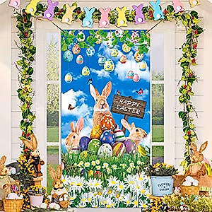 2023 Happy Easter Eggs Bunny Door Banner 3x6ft Spring Sky Grassland Flower Door Cover Banner Child Baby Shower Party Outdoor Yard Porch Sign Decoration