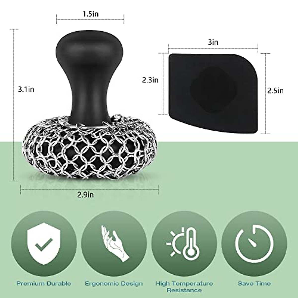 Cast Iron Scrubber | Dish Scrub Brush | 316 Cast Iron Cleaner Chainmail Scrubber for Cast Iron Pan Skillet Cleaner - Dish Scouring Pad Dishwasher Safe Cleaning Kit (Black, 1 Scrubber + 1 Scraper)