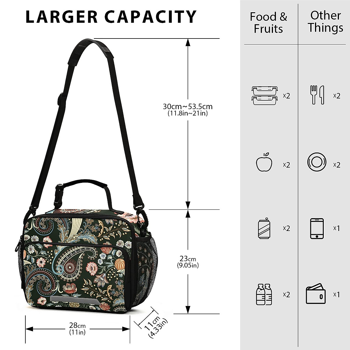 panksolu Paisley Flowers Floral Lunch Bag, Insulated Lunch Box with Adjustable Shoulder Strap Cooler Tote Bag for Men Women Kids Teens