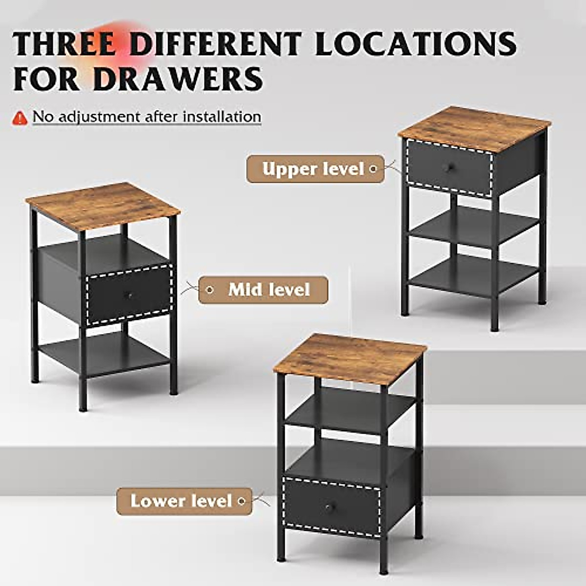 WLIVE Nightstands Set of 2, Bedside Tables with Adjustable Wooden Drawer, 3-Tier Night Stands for Couch, Bed, Sofa, End Table Side Table for Bedroom, Living Room, Black