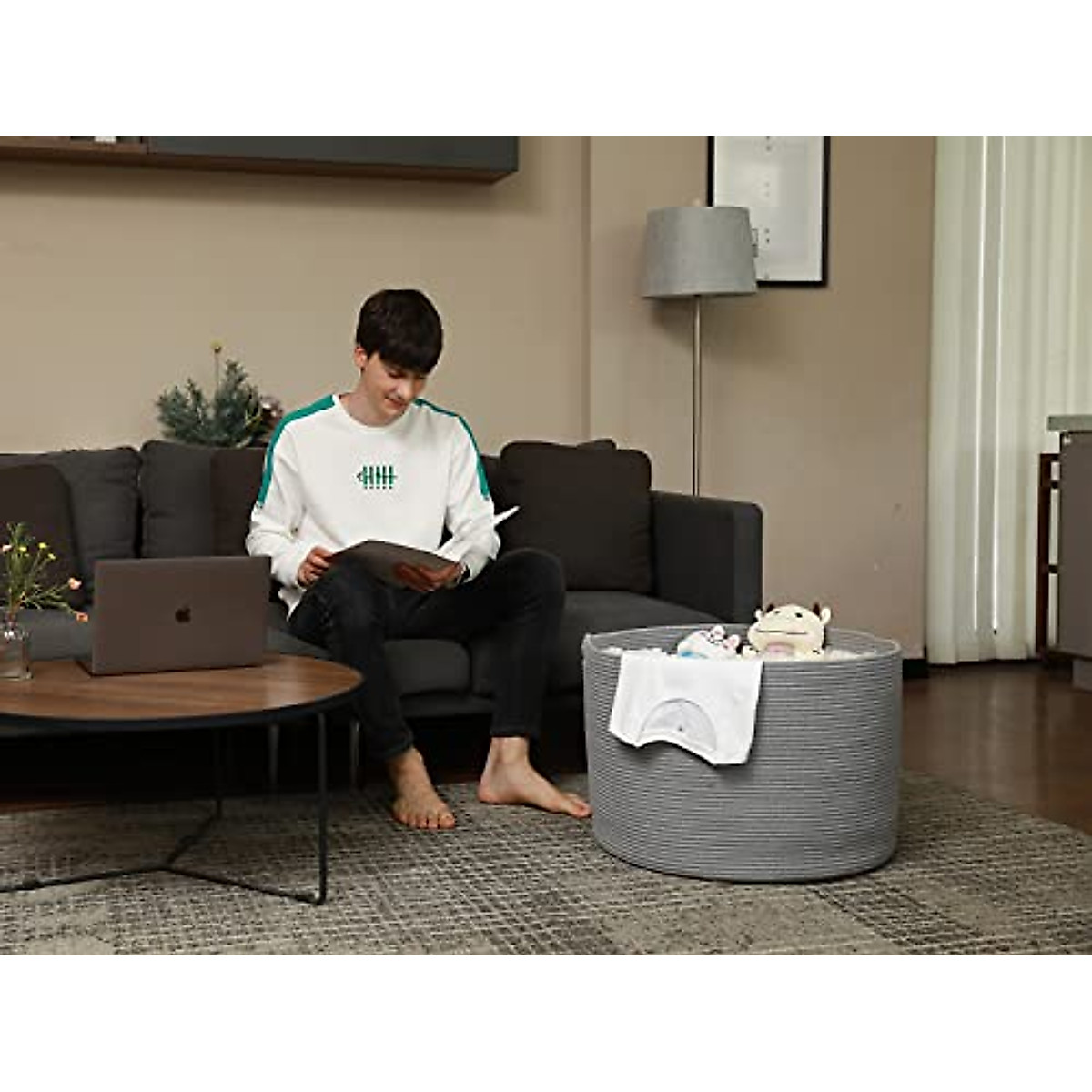 24" x 24" x 17" Max Size Large Cotton Rope Basket, Extra Large Storage Basket, Woven Laundry Hamper, Cloth Storage Bin, for Blankets Clothes Towels Pillows in Living Room, Full Grey