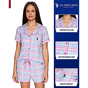 U.S. Polo Assn. Summer Pajamas for Women - Woven PJ Set with Button Up Top and Shorts - Lounge Sets for Women Light Blue, Large