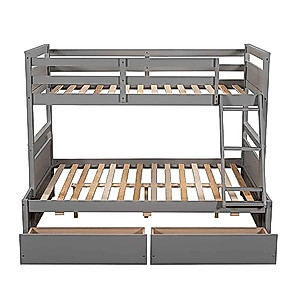ATY Twin Over Full Bunk Bed with 2 Storage Drawers, Wooden Bedframe w/Ladder & Safety Guardrail, Can be Divided into 2Beds, Save Space, for Bedroom, Guestroom, Dorm,No Box Spring Needed, Gray