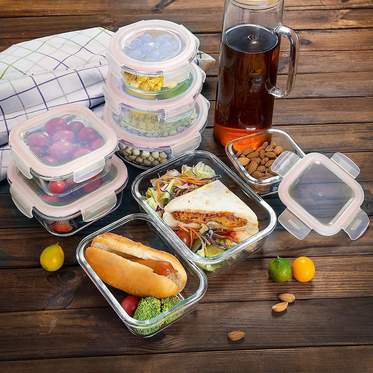 Bayco Glass Storage Containers with Lids, 9 Sets Glass Meal Prep Containers Airtight, Glass Food Storage Containers, Glass Containers for Food Storage with Lids - BPA-Free & Leak Proof(Pink)