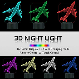 FULLOSUN Aircraft Airplane 3D Night Light Kids Bedside Lamp 16 Colors Changing with Remote Control Xmas Halloween Birthday Gift for Child Baby Boy