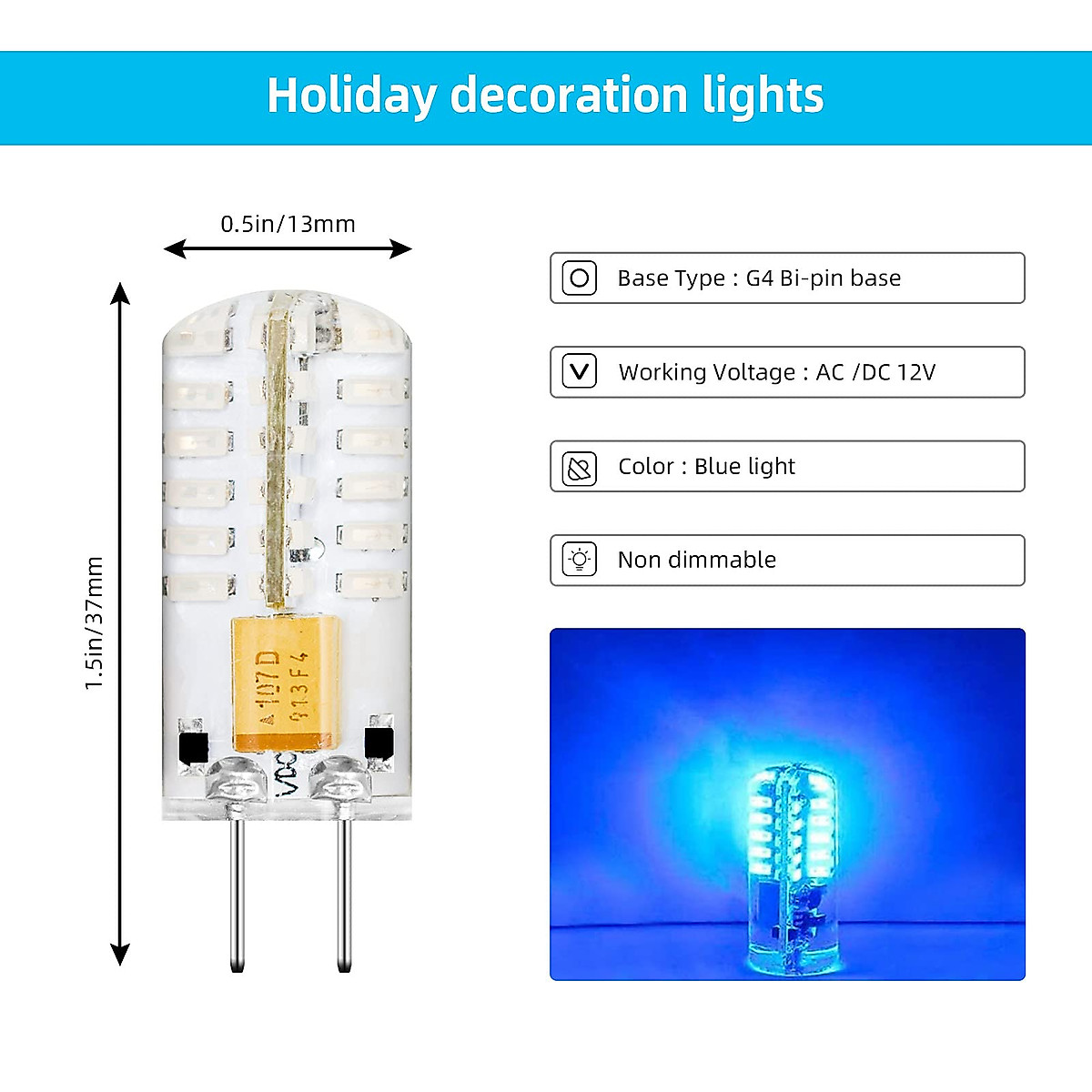 TZHILAN Blue G4 LED Light Bulb 12V AC/DC 2W 48×3014 SMD 20W Halogen Bulb Equivalent, Capsule Spotlight Lamps for Landscape Decorative lights Holiday celebration Pack of 4
